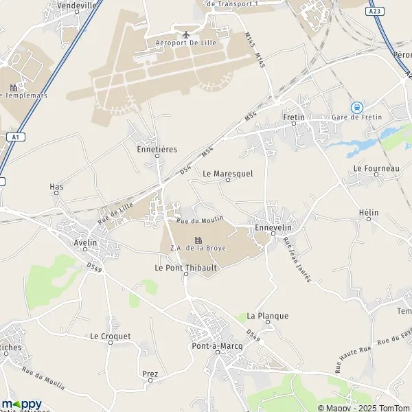 Plan Z.A. de la Broye : carte de Z.A. de la Broye, 59710 Ennevelin et ...